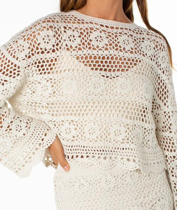 Roxy Blue Water Crochet Sweater - Cloud Dancer Solid