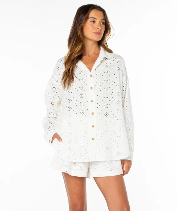 Roxy Morning Time" Eyelet Shirt - Cloud Dancer Solid