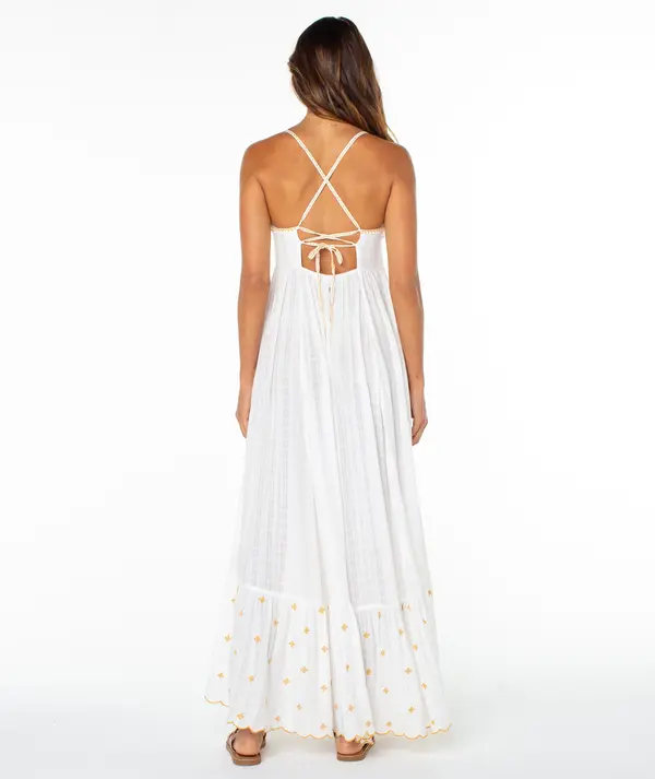 Roxy Sunburst Maxi Dress With Golden Embroidery And Tie-back Detail