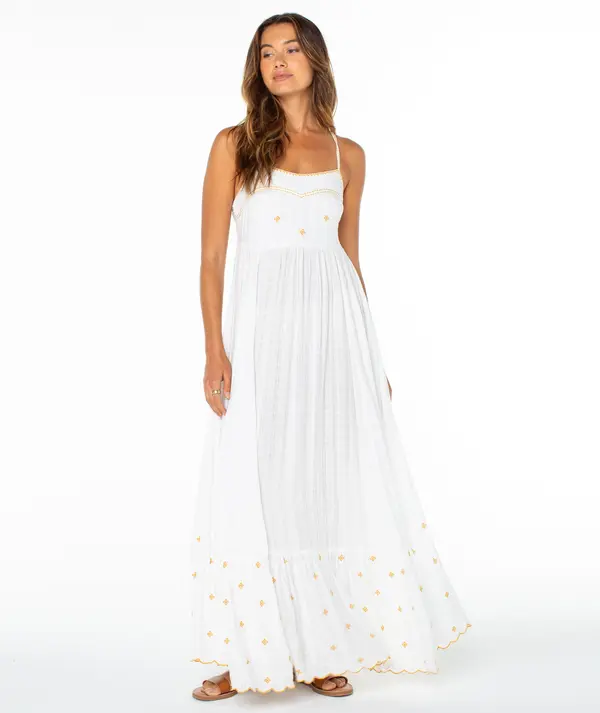 Roxy Sunburst Maxi Dress With Golden Embroidery And Tie-back Detail