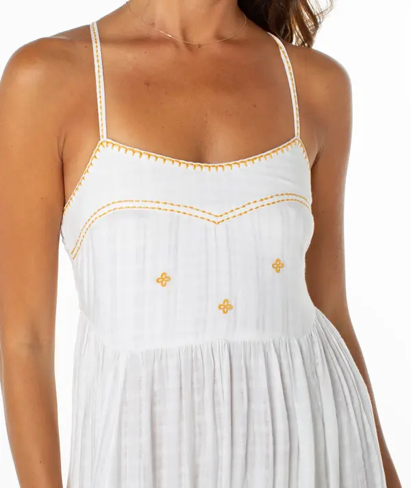 Roxy Sunburst Maxi Dress With Golden Embroidery And Tie-back Detail