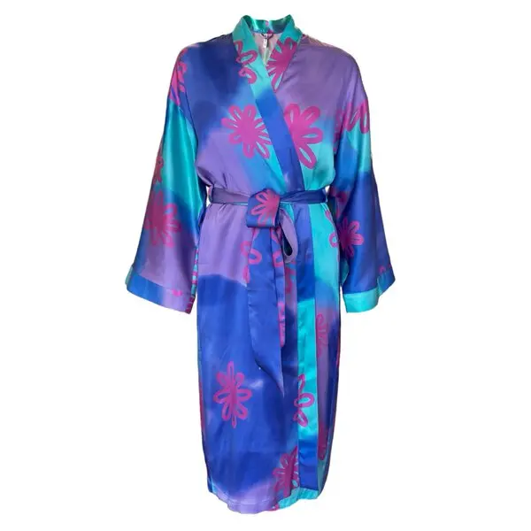 ROY G. Pool Watercolor Floral Kimono Robe - Blue