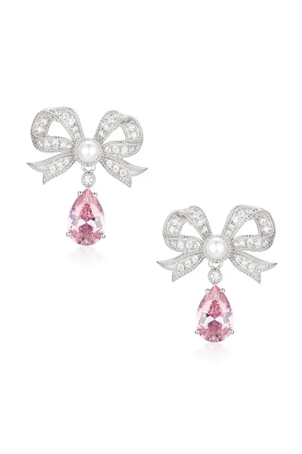 SANTINNI Grand Duchess' Bow & Pink Crystal Earrings - Pink/silver