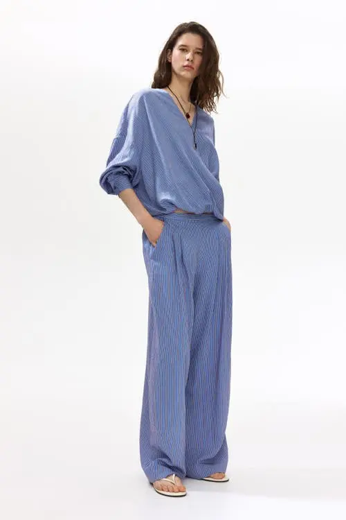 H&m Straight-leg Pleated Trousers With Elasticated Waist