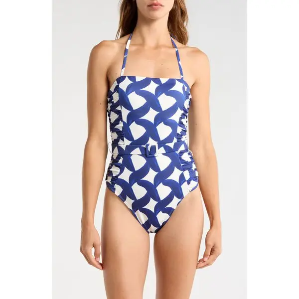HUTCH Kylah Shirred Belted One-piece Swimsuit - Ivory/blue
