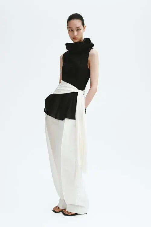 H&m Ramie-blend Peplum Top With Cowl Neck