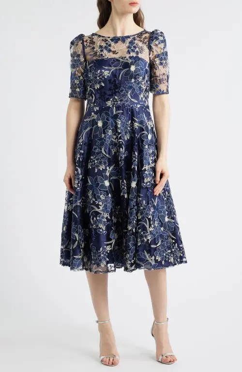 Eliza J Illusion Embroidered Fit & Flare Cocktail Dress - Navy