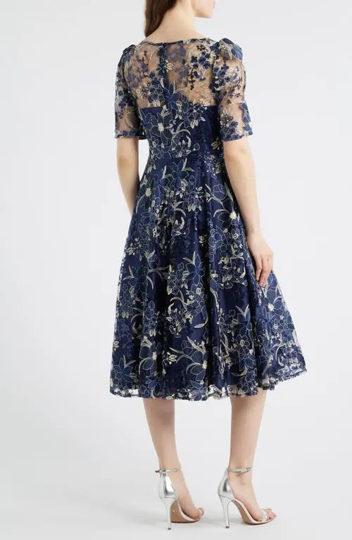 Eliza J Illusion Embroidered Fit & Flare Cocktail Dress - Navy
