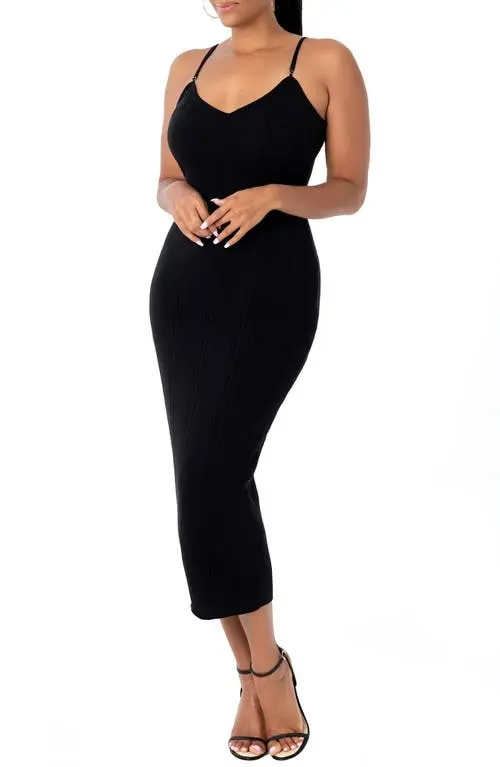 DAI MODA Rib Knit V-neck Midi Dress - Black