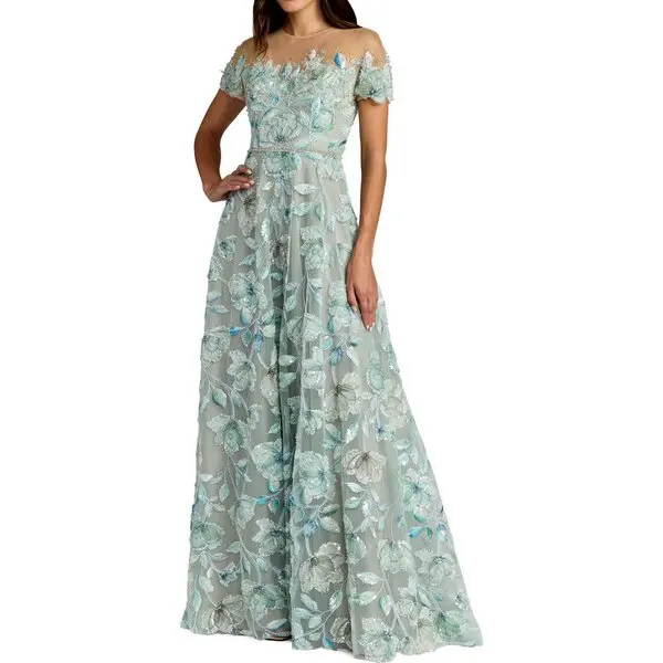 Mac Duggal Embellished A-line Gown With Cap Sleeves And High Illusion Neckline - Sage Multi