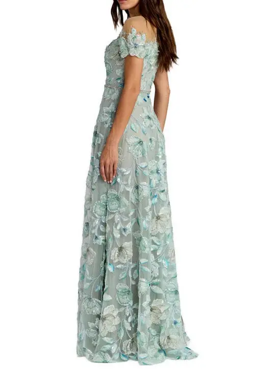 Mac Duggal Embellished A-line Gown With Cap Sleeves And High Illusion Neckline