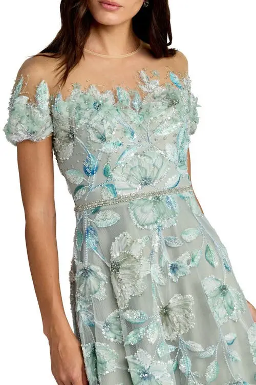 Mac Duggal Embellished A-line Gown With Cap Sleeves And High Illusion Neckline