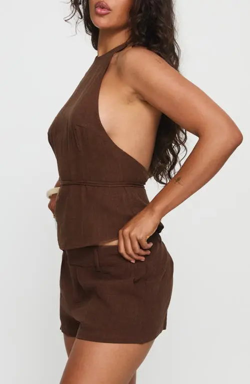 Princess Polly Halter Neck Linen Blend Top With Open Back