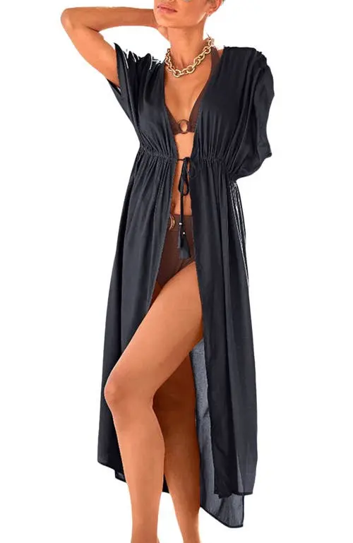 LASCANA Short Sleeve Maxi Cover-up With Tasseled Drawstring - Black