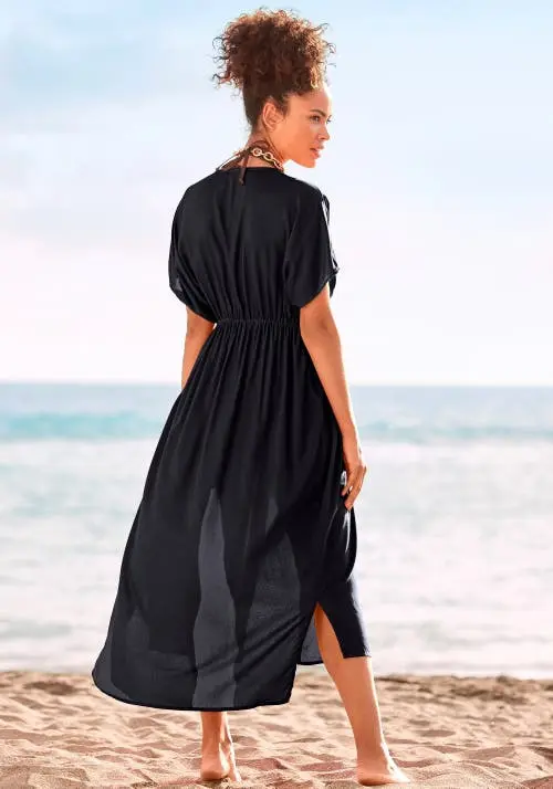 LASCANA Short Sleeve Maxi Cover-up With Tasseled Drawstring