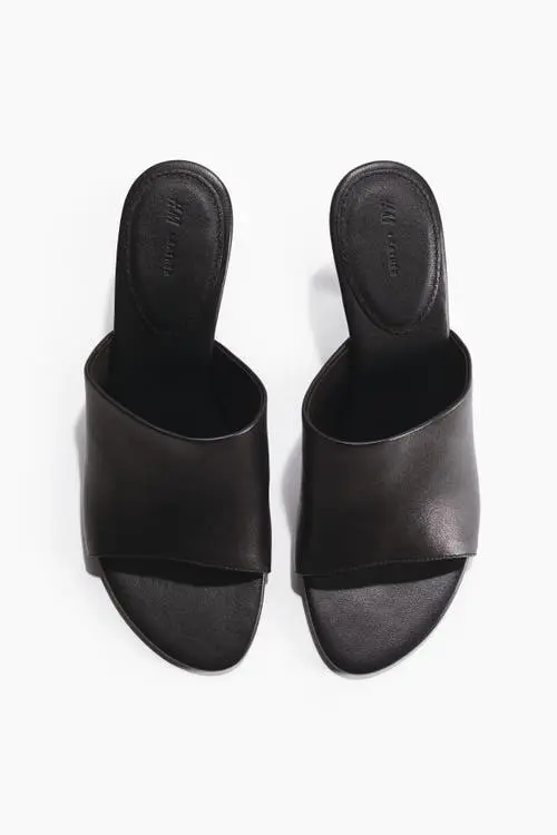 H&m Heeled Leather Sandals - Black