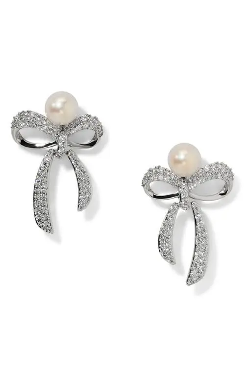 Nadri Eros Small Bow Faux Pearl Stud Earrings - Rhodium