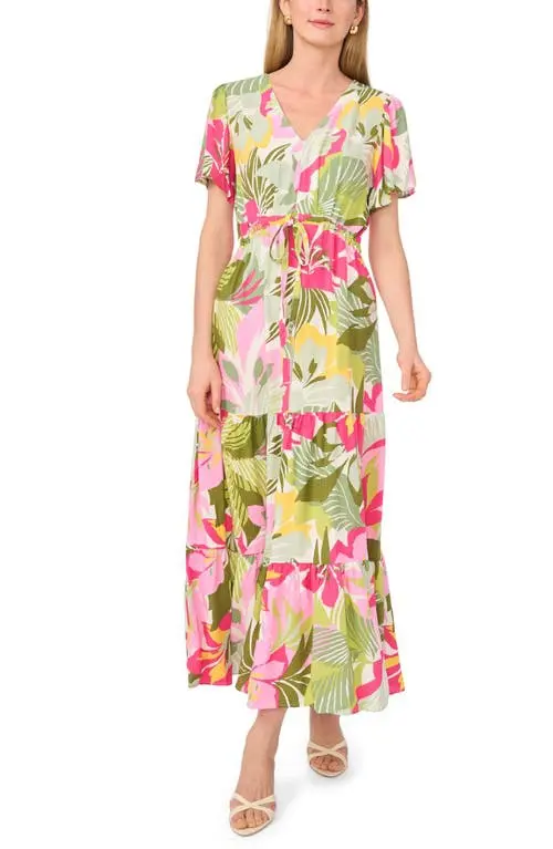Vince Camuto Printed Tie Waist Tiered Maxi Dress - Flamingo Pink