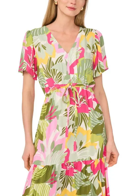 Vince Camuto Printed Tie Waist Tiered Maxi Dress - Flamingo Pink