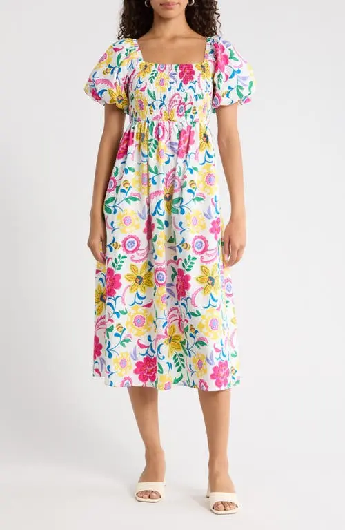 SUGARLIPS Floral Smocked Midi Dress - White Multi