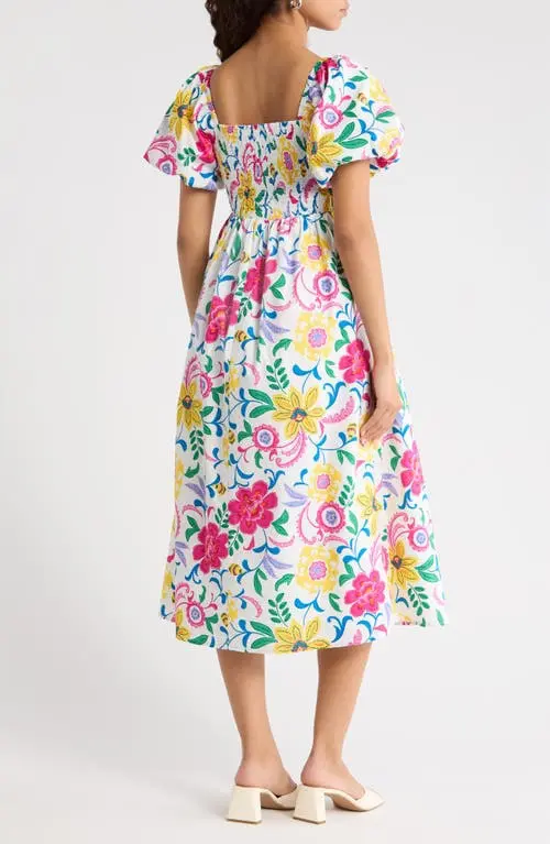 SUGARLIPS Floral Smocked Midi Dress - White Multi