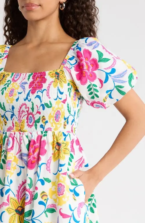 SUGARLIPS Floral Smocked Midi Dress - White Multi