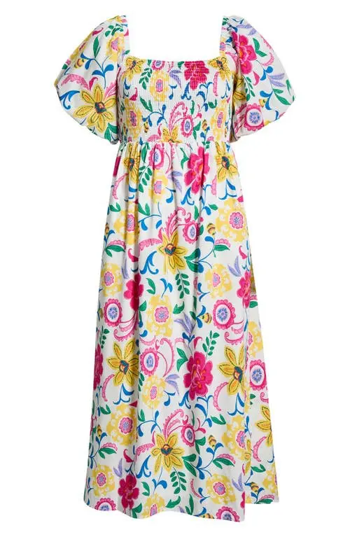 SUGARLIPS Floral Smocked Midi Dress - White Multi