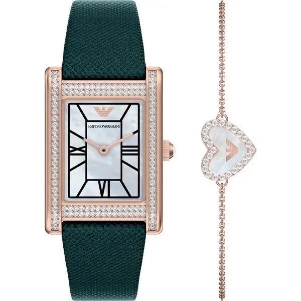 Emporio Armani Mother-of-pearl Tank Watch Set With Chain Bracelet - Green