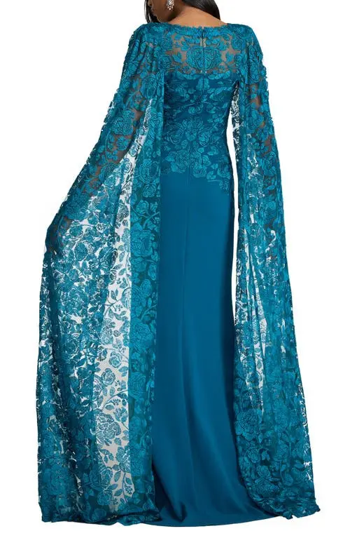 Tadashi Shoji Embroidered Cape Gown