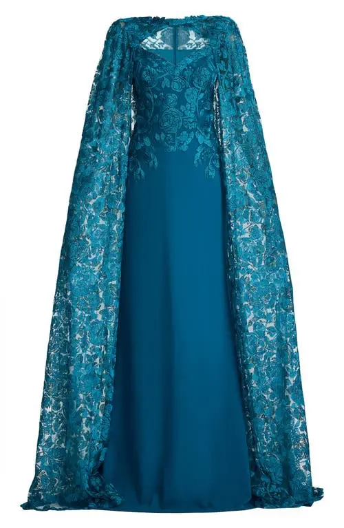 Tadashi Shoji Embroidered Cape Gown