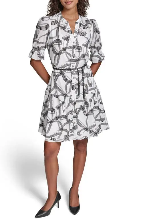 Karl Lagerfeld Paris Ribbon Print Belted Cotton Shirtdress - Soft White/black Multi