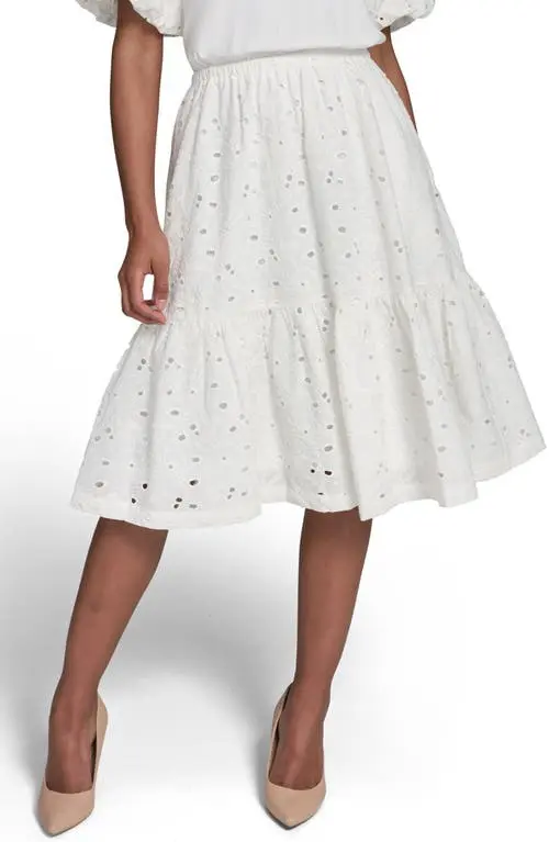 Karl Lagerfeld Paris Mixed Media Eyelet Lace Midi Dress - Soft White
