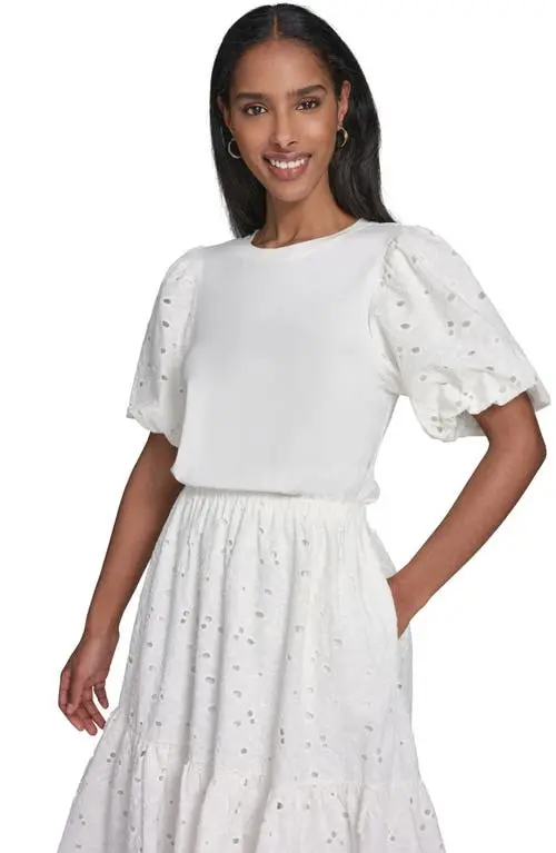 Karl Lagerfeld Paris Mixed Media Eyelet Lace Midi Dress