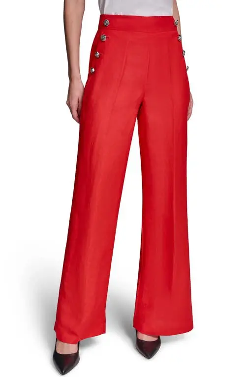 Karl Lagerfeld Paris Linen Blend Sailor Pants With Rosette Buttons - Apple Red