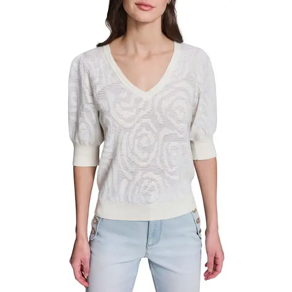 Karl Lagerfeld Paris Floral Puff Sleeve Sweater - Soft White