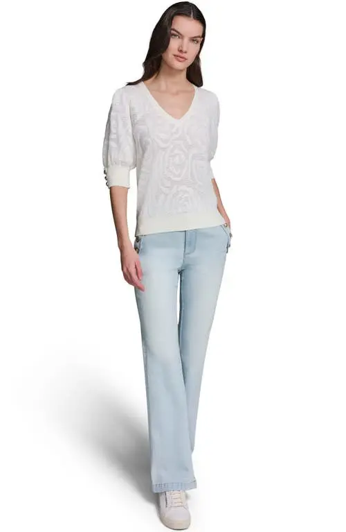 Karl Lagerfeld Paris Floral Puff Sleeve Sweater - Soft White