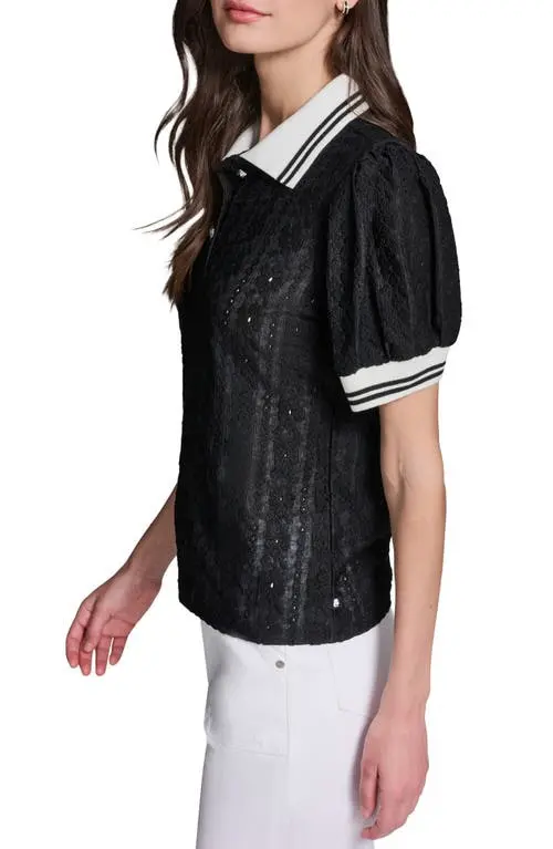 Karl Lagerfeld Paris Contrast Collar Short Sleeve Sweater - Black