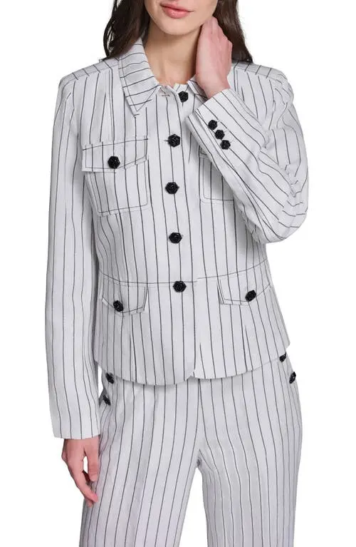Karl Lagerfeld Paris Striped Linen Blend Jacket With Rosy Button Detail