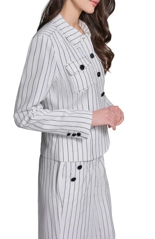 Karl Lagerfeld Paris Striped Linen Blend Jacket With Rosy Button Detail