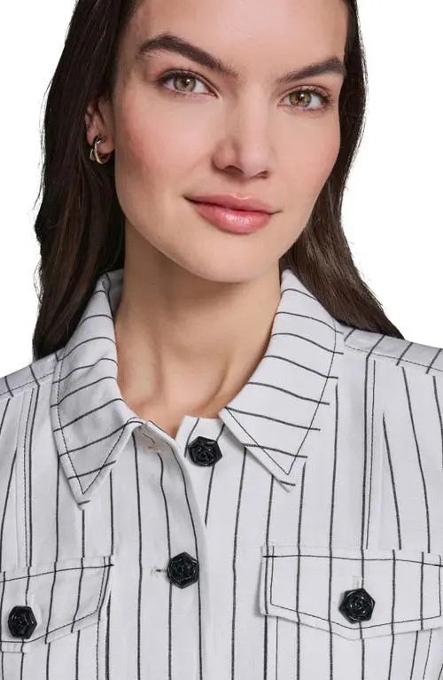 Karl Lagerfeld Paris Striped Linen Blend Jacket With Rosy Button Detail