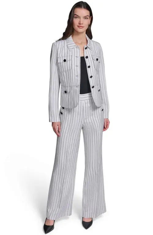 Karl Lagerfeld Paris Striped Linen Blend Jacket With Rosy Button Detail