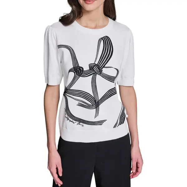 Karl Lagerfeld Paris Short Sleeve Bow Print Fine Knit Sweater