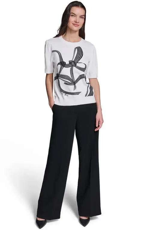 Karl Lagerfeld Paris Short Sleeve Bow Print Fine Knit Sweater