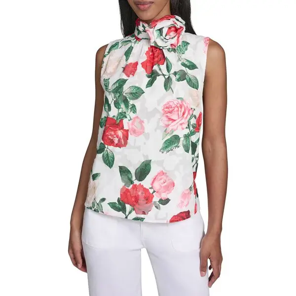 Karl Lagerfeld Paris Rosette Detail Floral High Neck Tank
