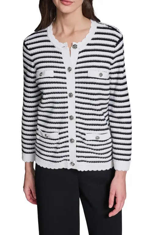Karl Lagerfeld Paris Striped Cotton Blend Cardigan - Soft White/black