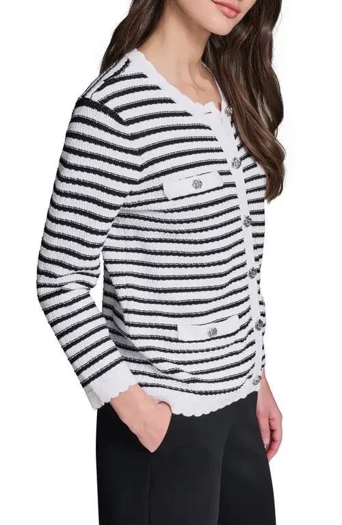 Karl Lagerfeld Paris Striped Cotton Blend Cardigan - Soft White/black