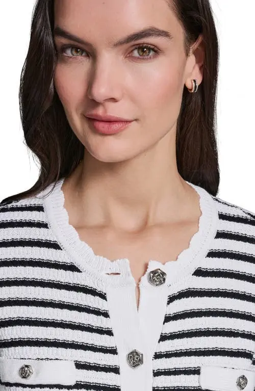 Karl Lagerfeld Paris Striped Cotton Blend Cardigan - Soft White/black