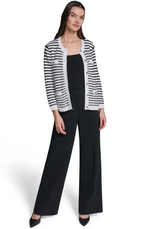 Karl Lagerfeld Paris Striped Cotton Blend Cardigan - Soft White/black