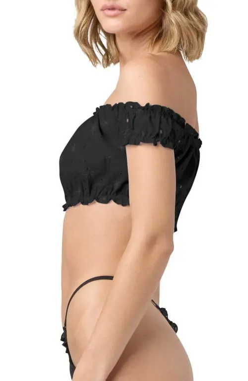 FLORENCE BY MILLS Embroidered Eyelet Off-the-shoulder Crop Top