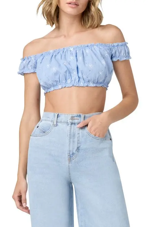 FLORENCE BY MILLS Embroidered Eyelet Off-the-shoulder Crop Top - Blue Jet Stream